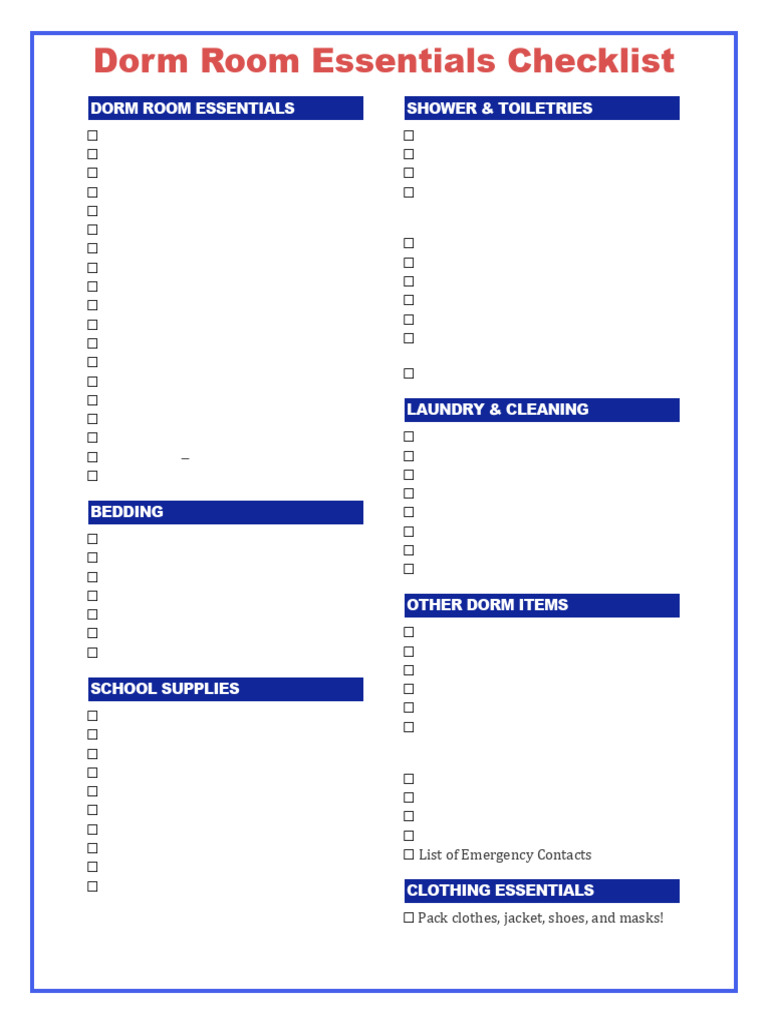 Essential Dorm Room Checklist | PDF | Domestic Implements