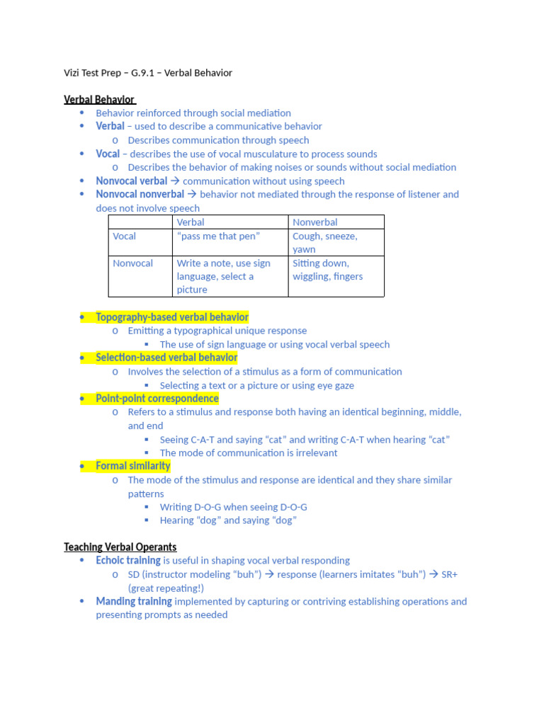 Vizi Test Prep G.9.1 Verbal Behavior | PDF | Nonverbal Communication ...