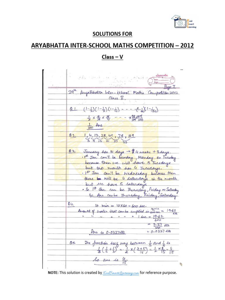 Aryabhatta Maths Competition Solutions | PDF