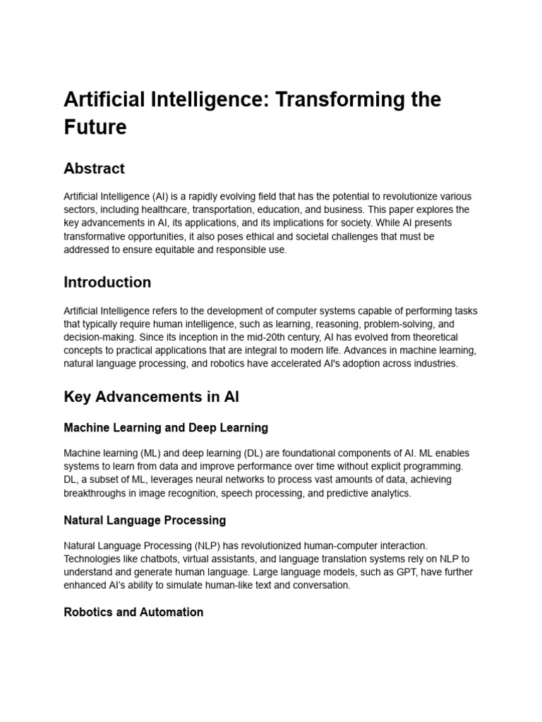 Artificial Intelligence Transforming The Future Pdf Artificial Intelligence Intelligence