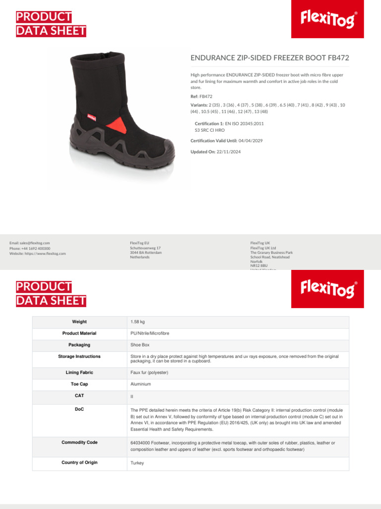 ENDURANCE ZIP-SIDED FREEZER BOOT FB472 (Data Sheet) | PDF | Shoe | Footwear
