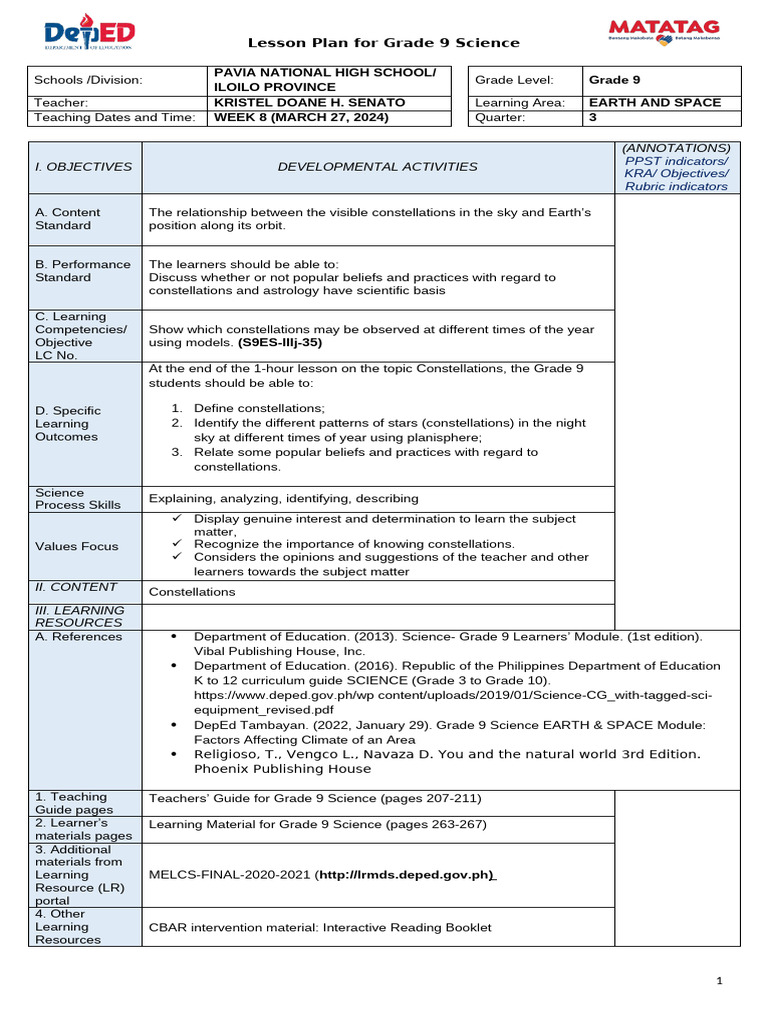 LESSON PLAN-Constellations - GRADE 9 | PDF | Stars | Learning