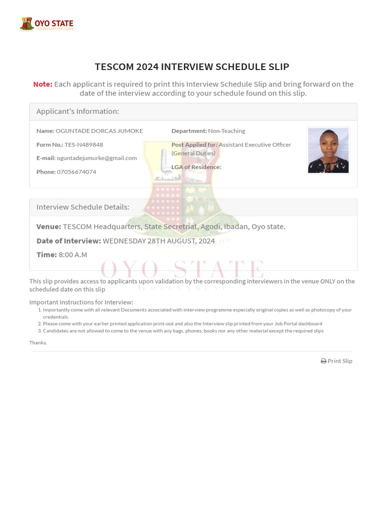 Interview Schedule Slip - Oyo State Job Portal Mrs Oladepo | PDF