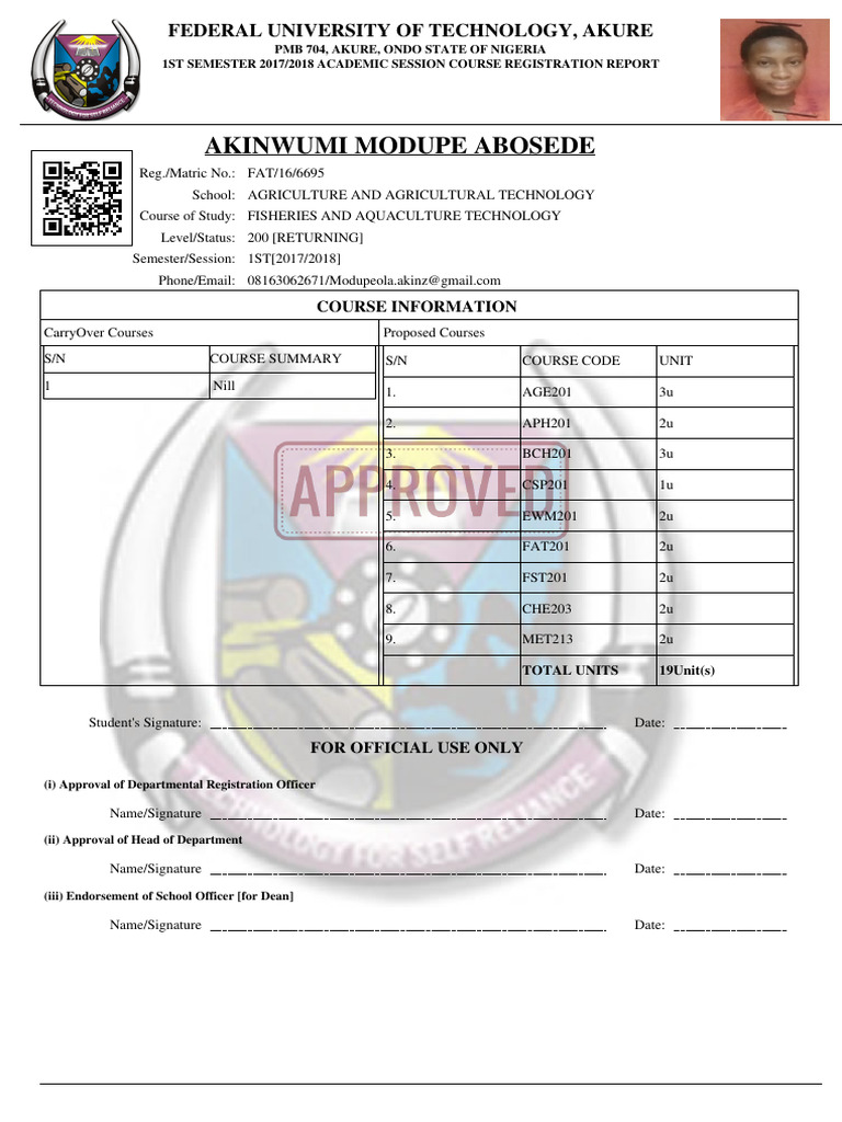 AKINWUMI MODUPE ABOSEDE Course Registration | PDF