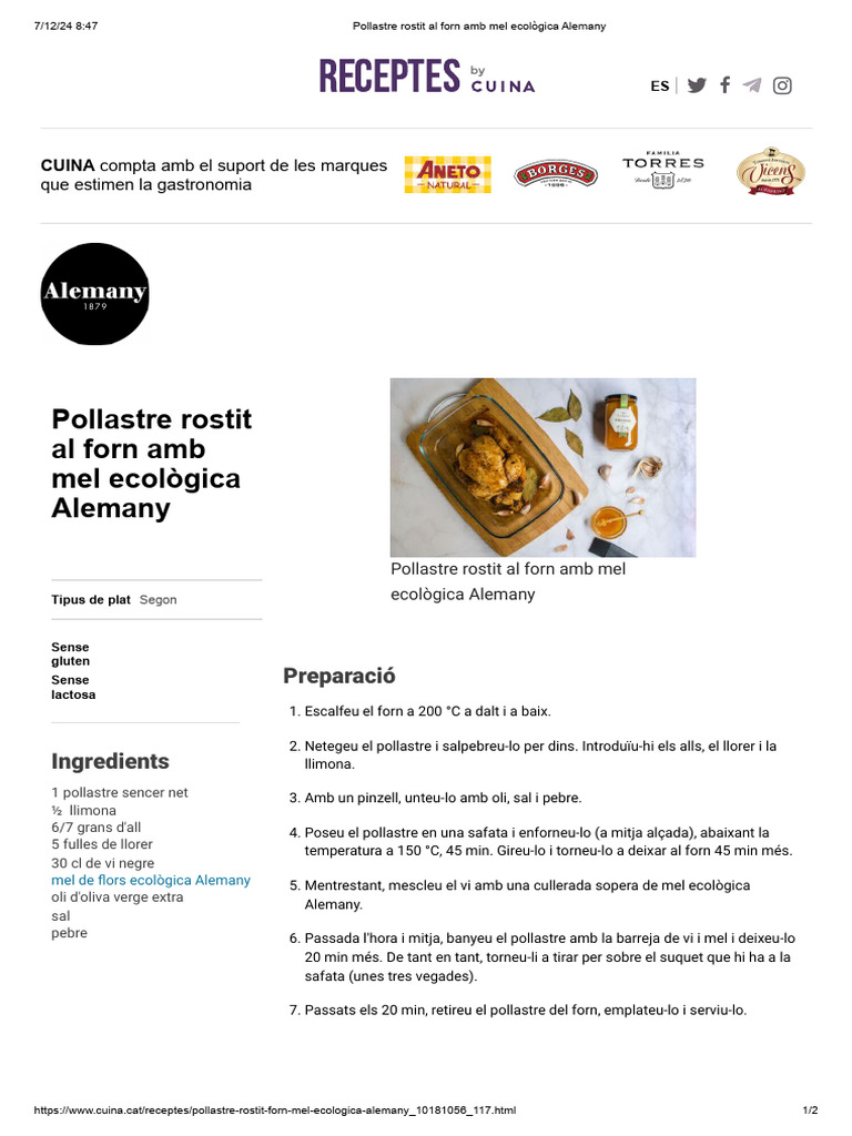 Pollastre Rostit Al Forn Amb Mel Ecològica Alemany | PDF