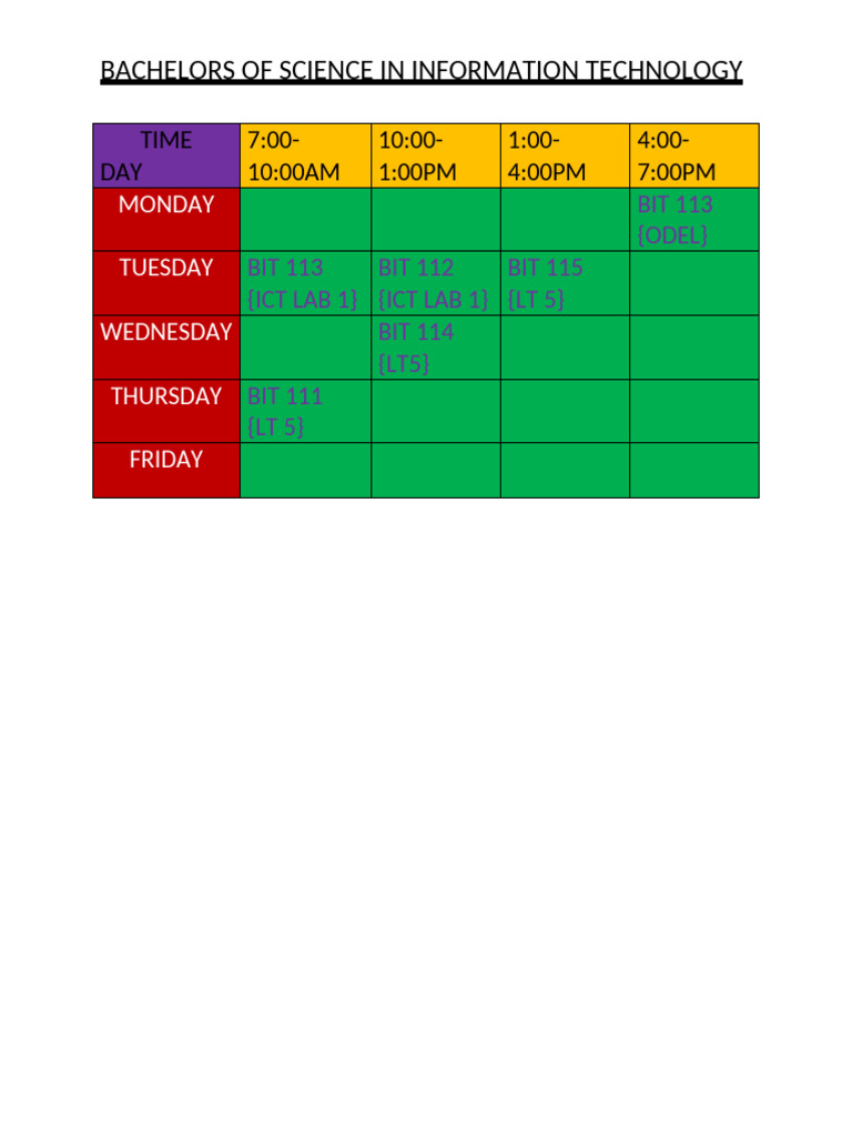 Information Technology Class Timetable | PDF