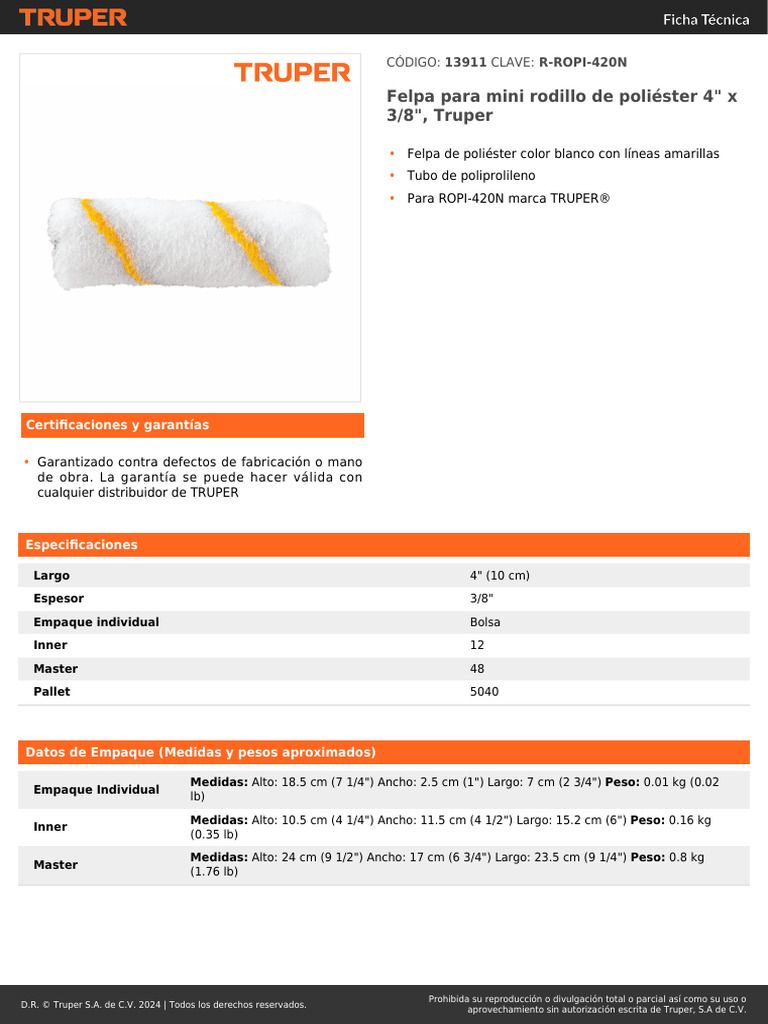 Felpa para Mini Rodillo de Poliéster 4" X 3/8", Truper | PDF