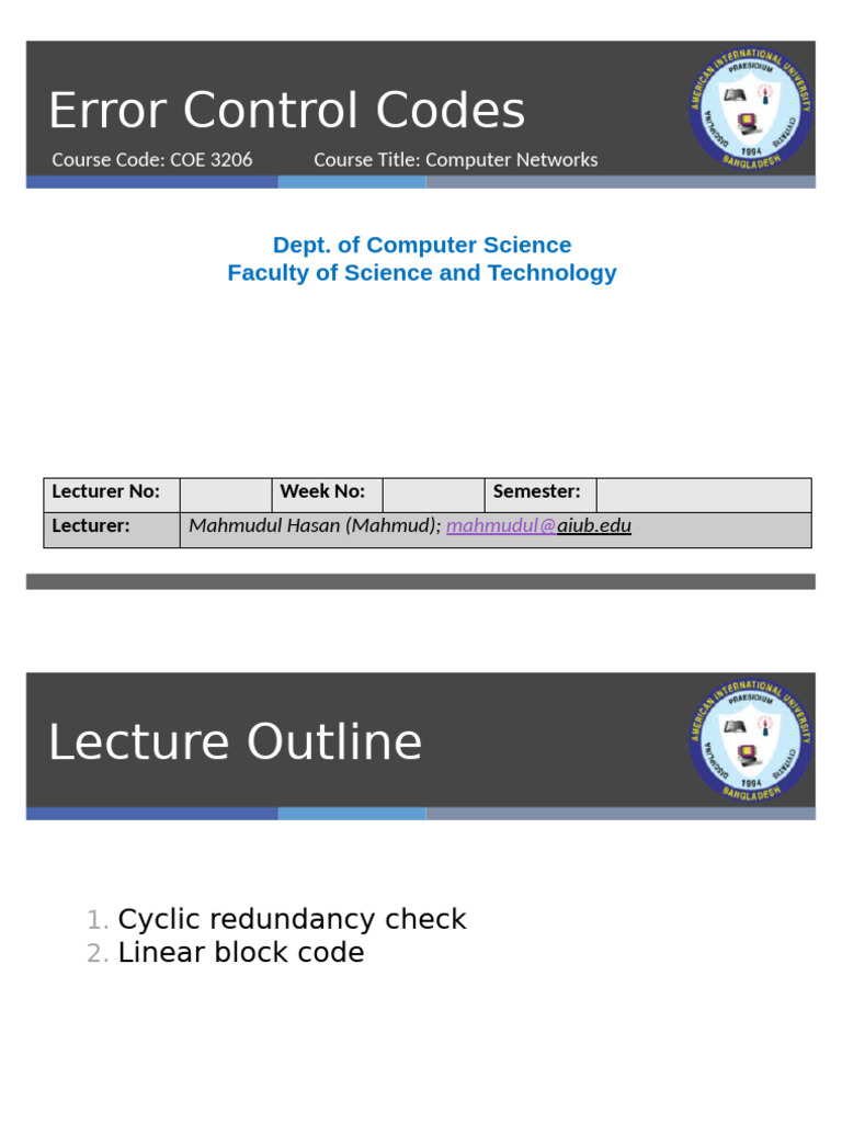 Lecture 13 Error Control Codes | PDF | Error Detection And Correction | Telecommunications