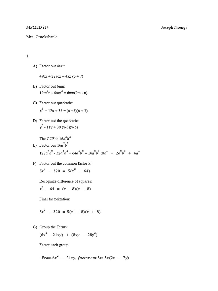 Algebraic Skills Unit Assignment - Joseph Nsenga | PDF | Multiplication ...
