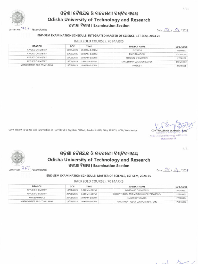 Modified-1st Sem Old Course - 70 Marks Exam Schedule | PDF