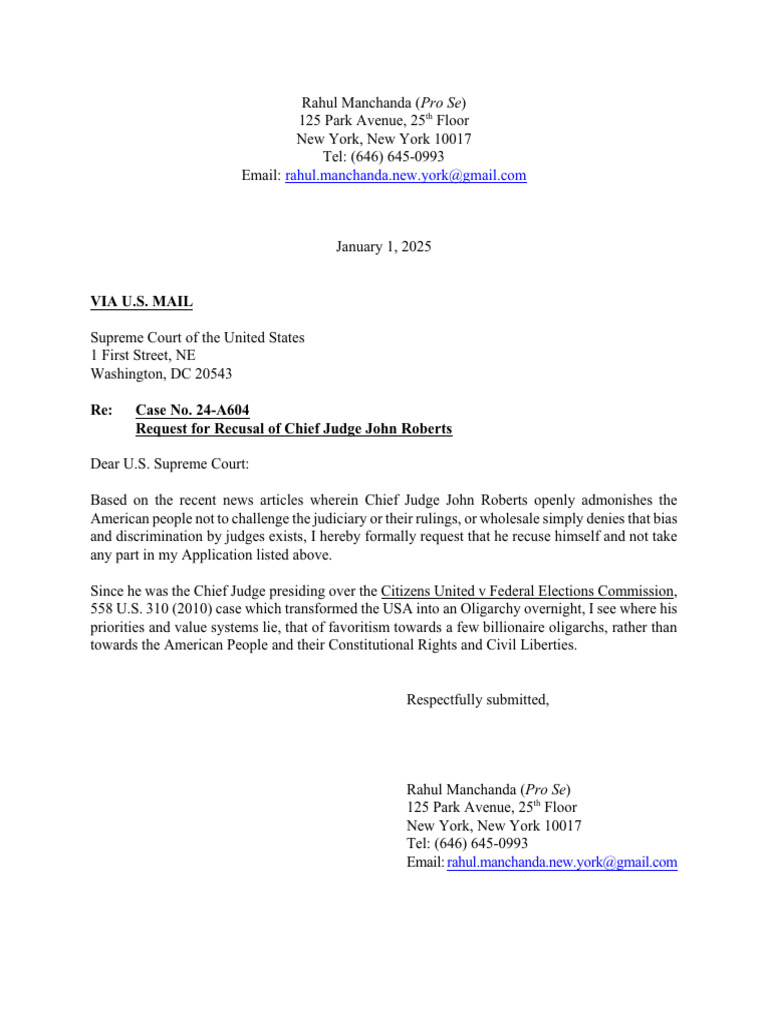 Request For Recusal of Chief Judge John Roberts | PDF