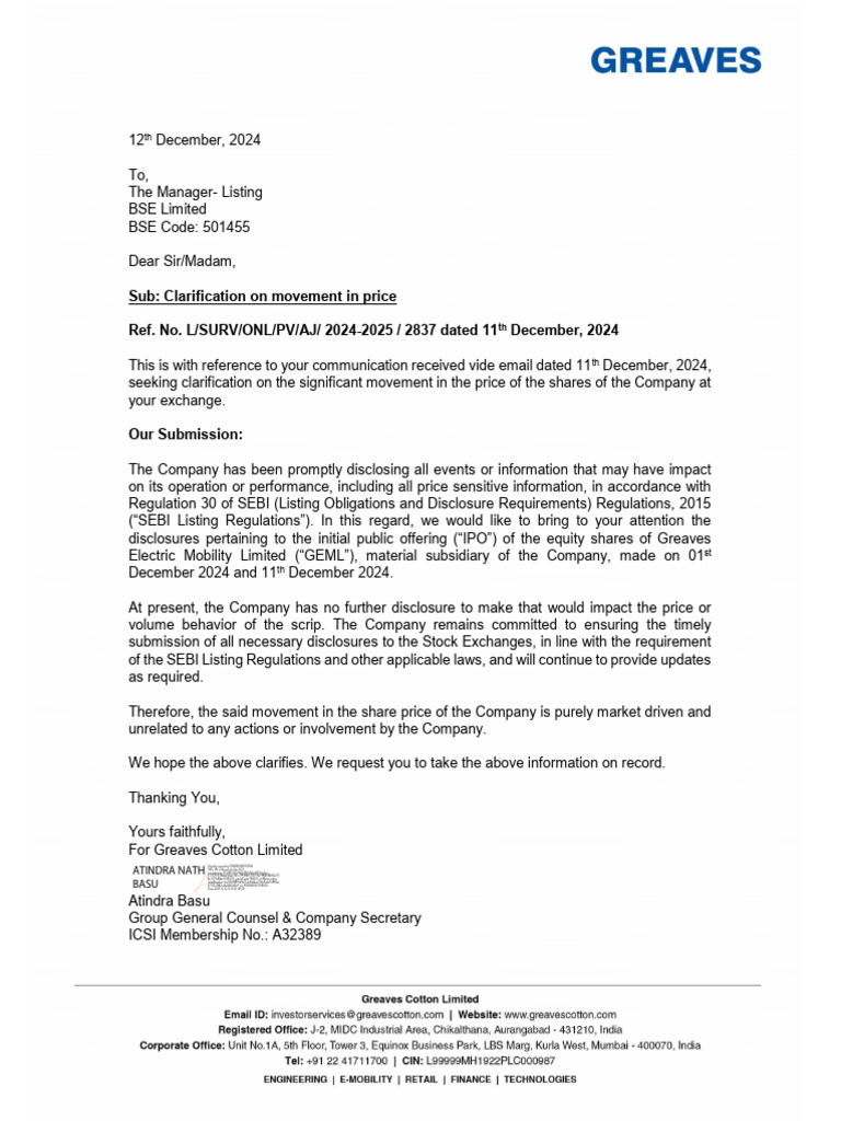 Sub: Clarification On Movement in Price Ref. No. L/SURV/ONL/PV/AJ/ 2024-2025 / 2837 Dated 11 ...