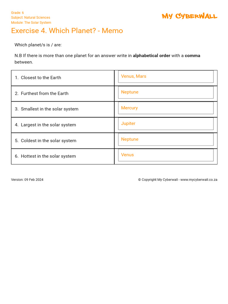 Solar System Planets Quiz Memo | PDF