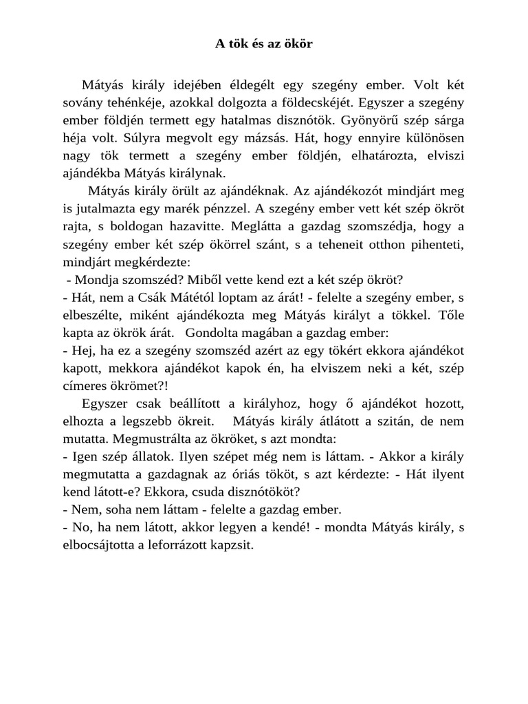 A Tök És Az Ökör - Félévi Hangos Olvasás | PDF