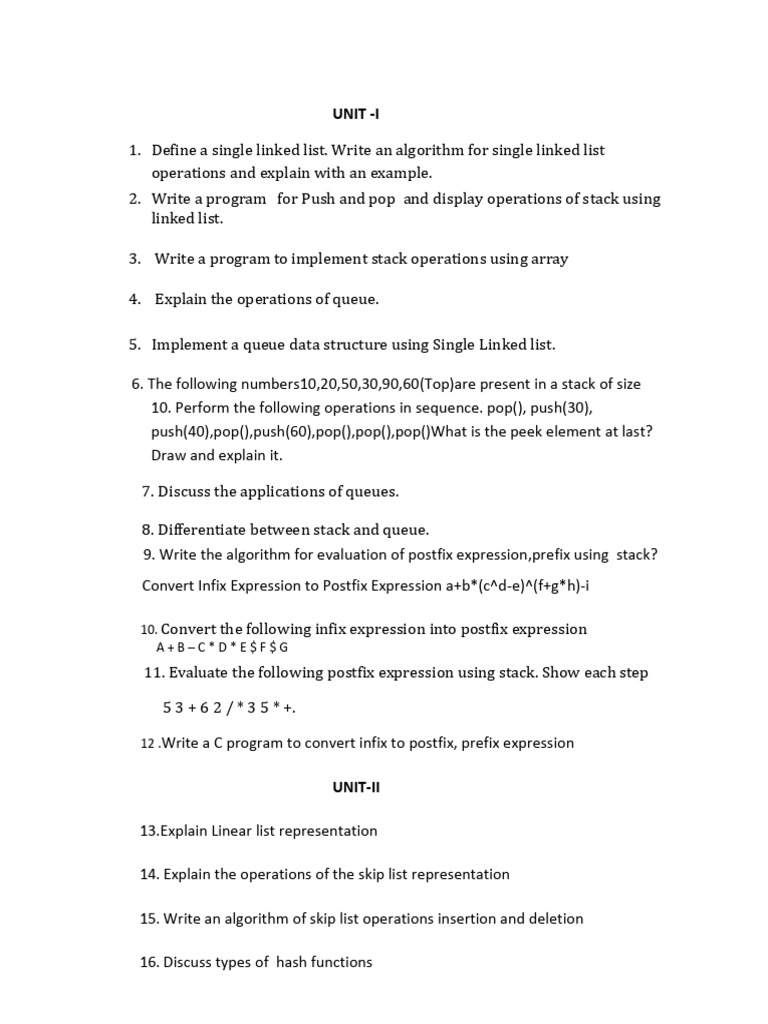 DS UNIT WISE Important Questions | PDF | Queue (Abstract Data Type) | Algorithms And Data Structures