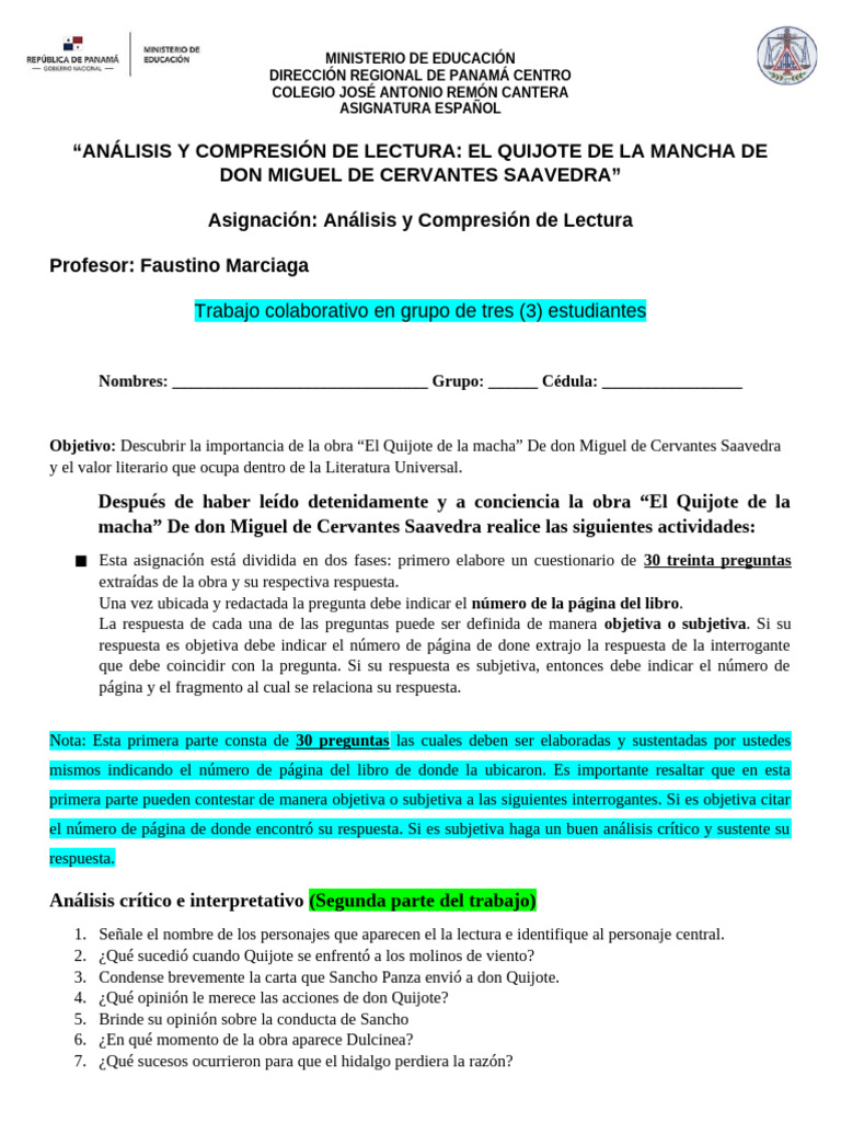Asignación de Comprensión y Análisis de La Lectura Del Quijote - 2024 ...
