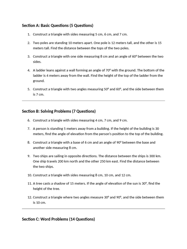 Construction Class 7 Worksheet | PDF | Triangle | Length