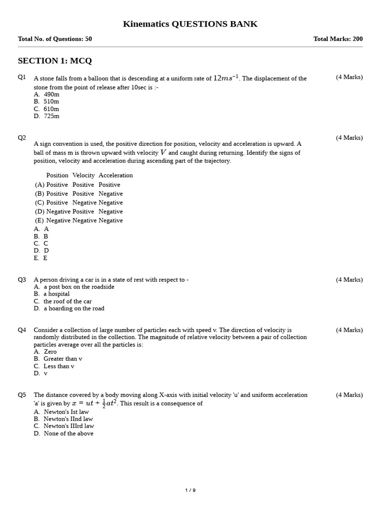 Kinematics Question Banks | PDF | Acceleration | Velocity