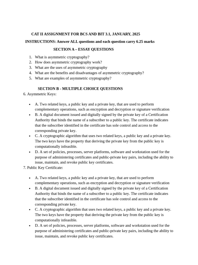 Cat II Assignment, Jan.,2025 Questions | PDF | Public Key Cryptography | Key (Cryptography)