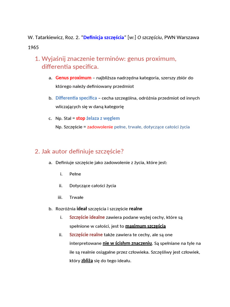 Szczęście Tatarkiewicz Notatki | PDF