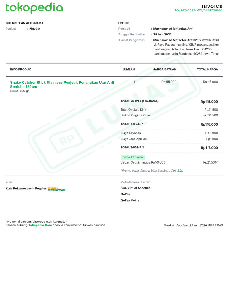 Invoice 3994338098 - Snake Catcher | PDF