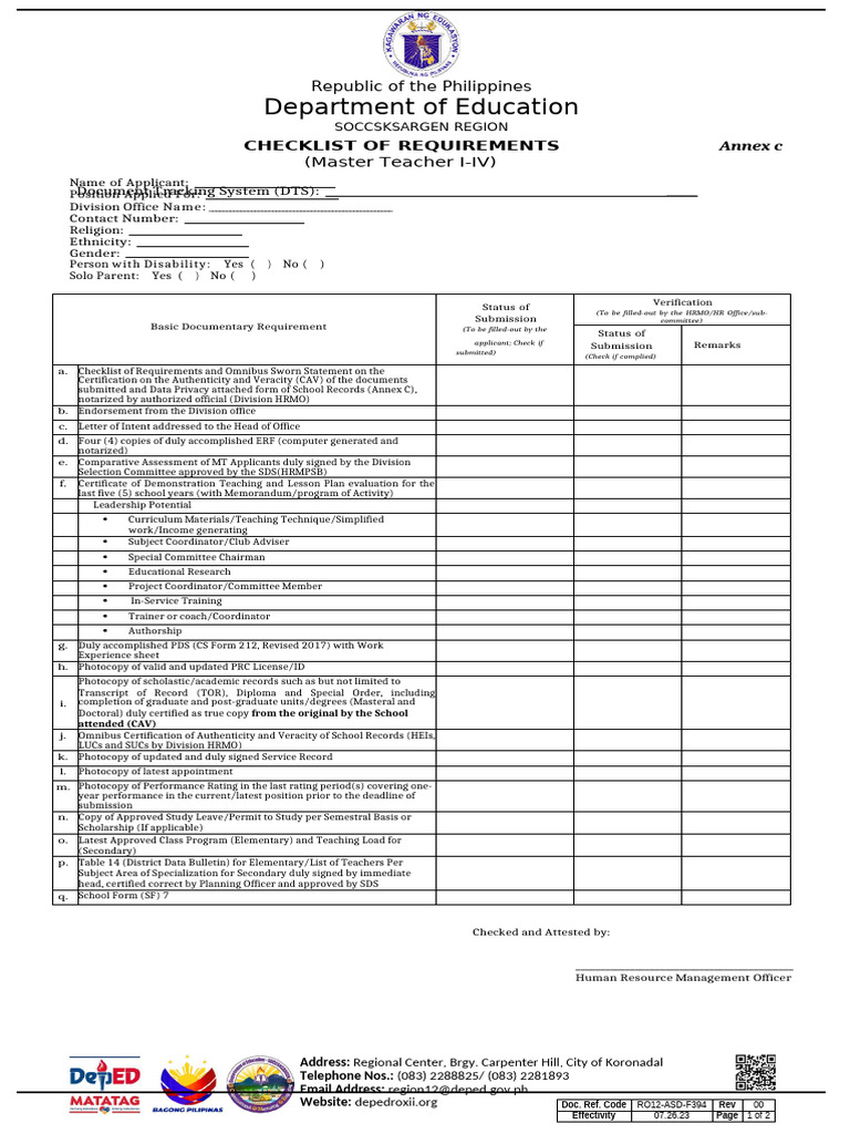 DepEd Annex C Checklist for Master Teachers | PDF