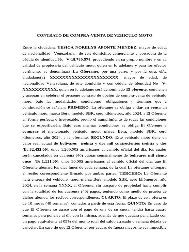Contrato Compra-Venta Moto Venezuela | PDF
