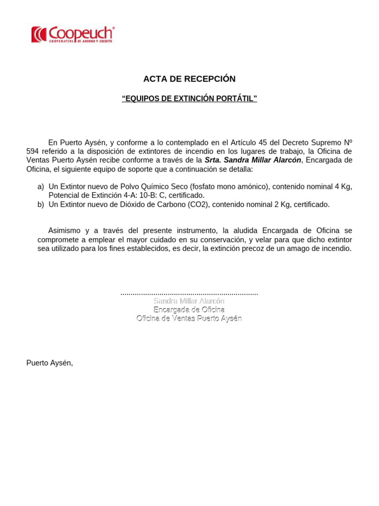 Acta de Entrega Extintor Puerto Aysen | PDF