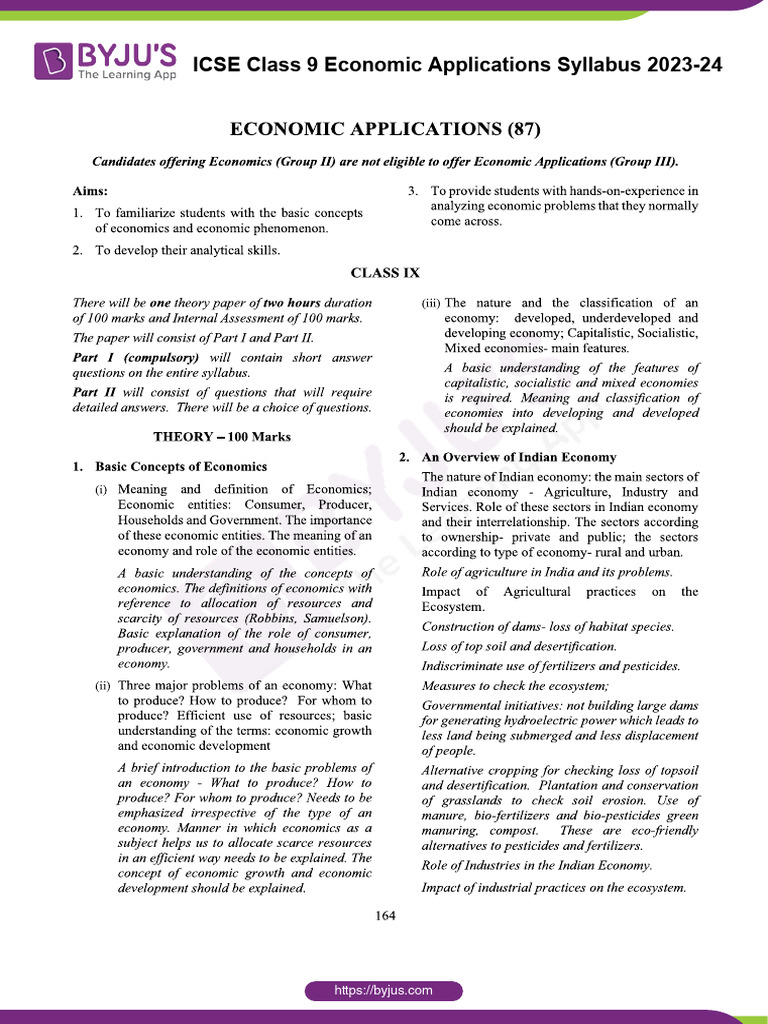 ICSE Class 9 Economic Applications Syllabus 2023 24 | PDF