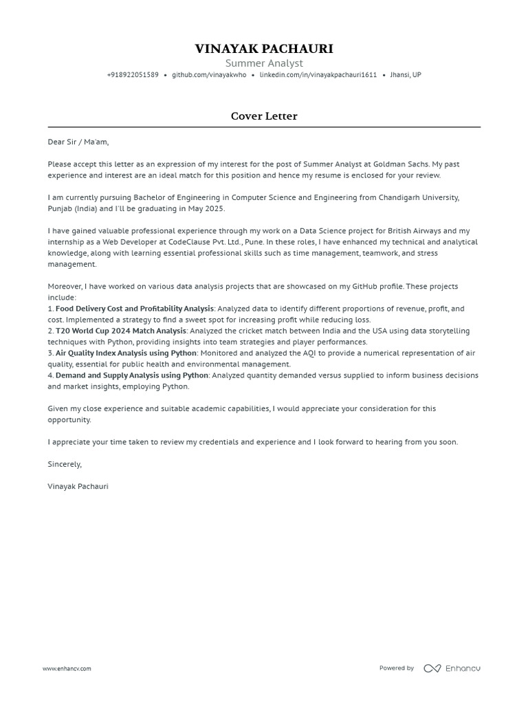 Vinayak Pachauri Cover Letter | PDF