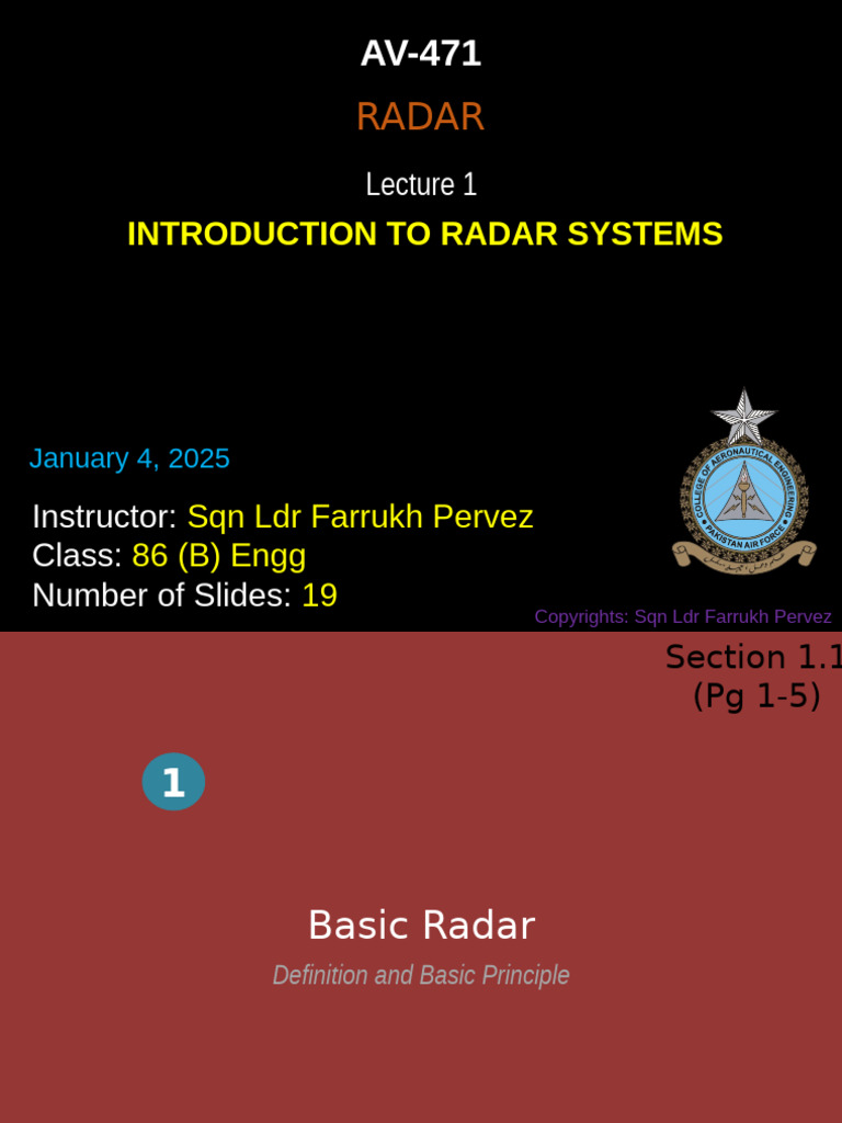 AV-471 - Lec1 - Introduction To Radar Systems-1 | PDF | Radar | Antenna (Radio)