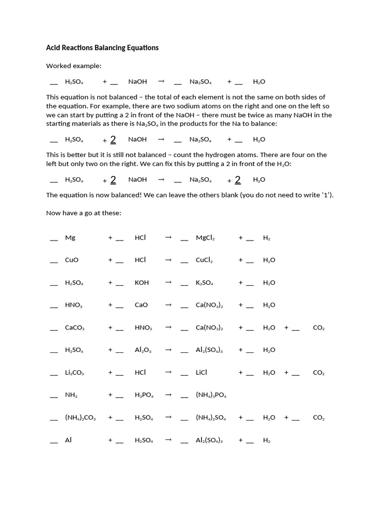WS4 Acid Reactions Balancing Equations 2 | PDF