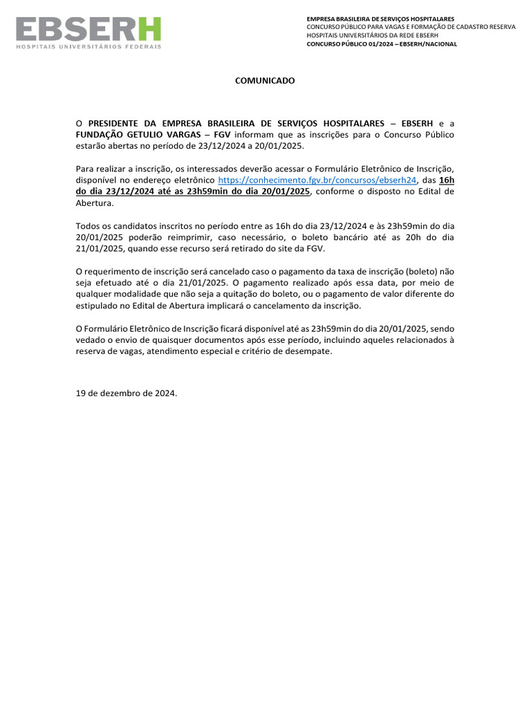 EBSERH - Comunicado-Horarios-Inscricao | PDF