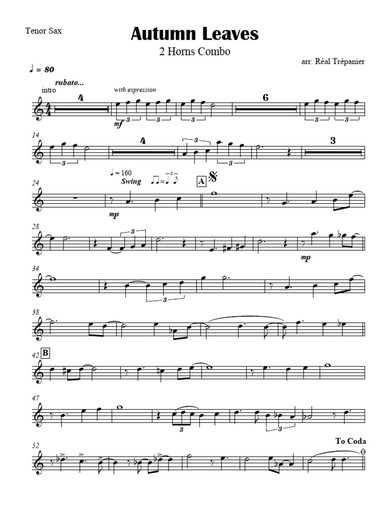 Autumn Leaves (GM) (2 Horns Combo) Tenor Sax | PDF | Saxophone ...