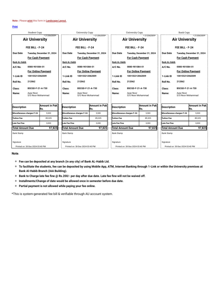 Challan Form Air University Pdf Fee Banks
