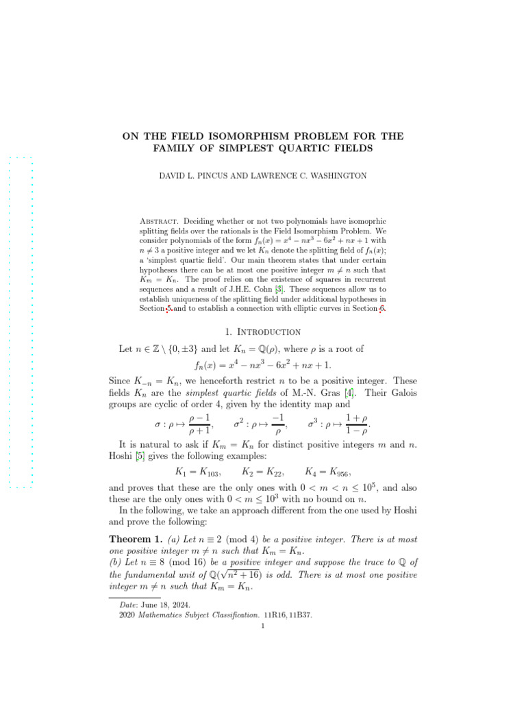 FAMILY OF SIMPLEST QUARTIC FIELDS | PDF | Field (Mathematics) | Functions And Mappings