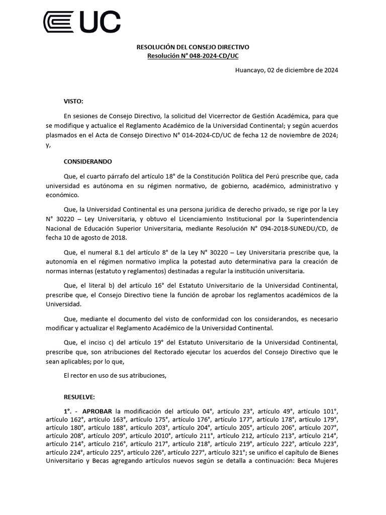 Resolución N° 048-2024-CDUC Reglamento Académico | PDF | Regulación ...