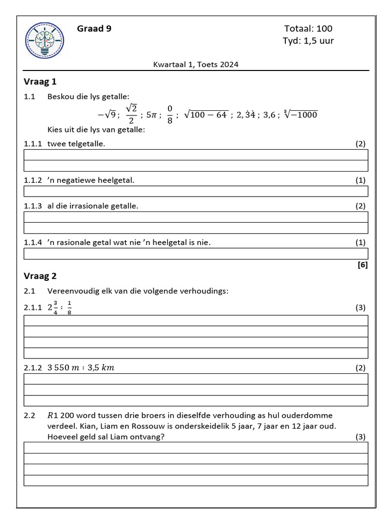 Gr.9 Kw.1 Toets 2024 | PDF