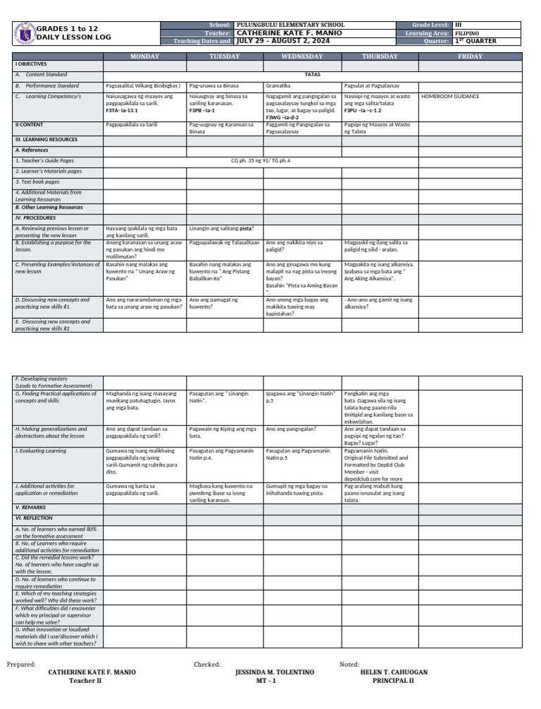 DLL Filipino 3 q1 w1 | PDF