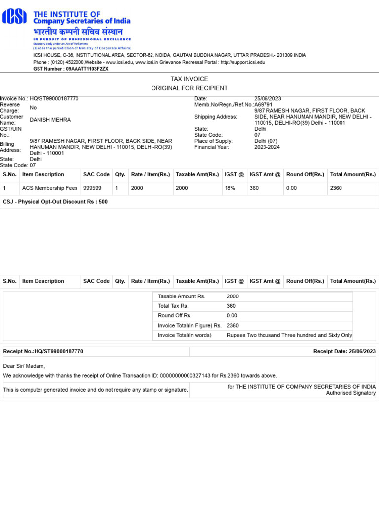ICSI Membership Fees Invoice 2023-24 | PDF | Receipt | Public Finance