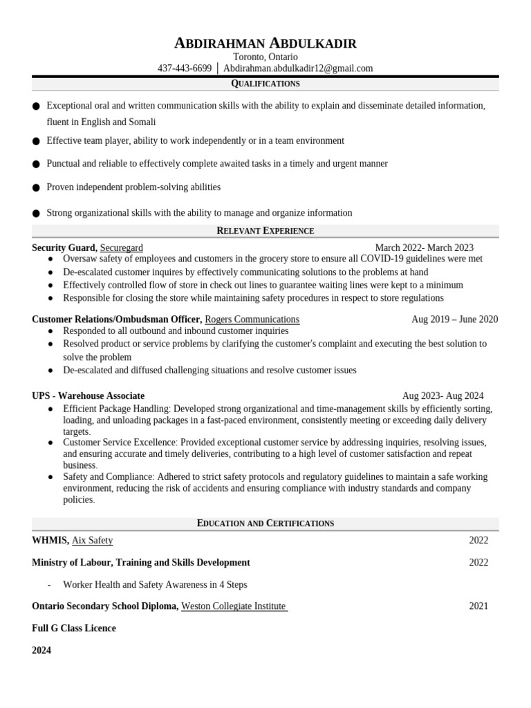 Copy of Abdirahman’s Customer Service Resume | PDF | Security Guard ...