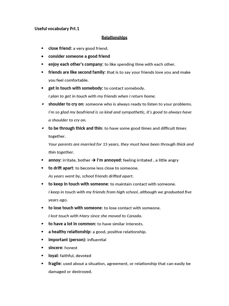 Relationship Vocabulary Guide | PDF
