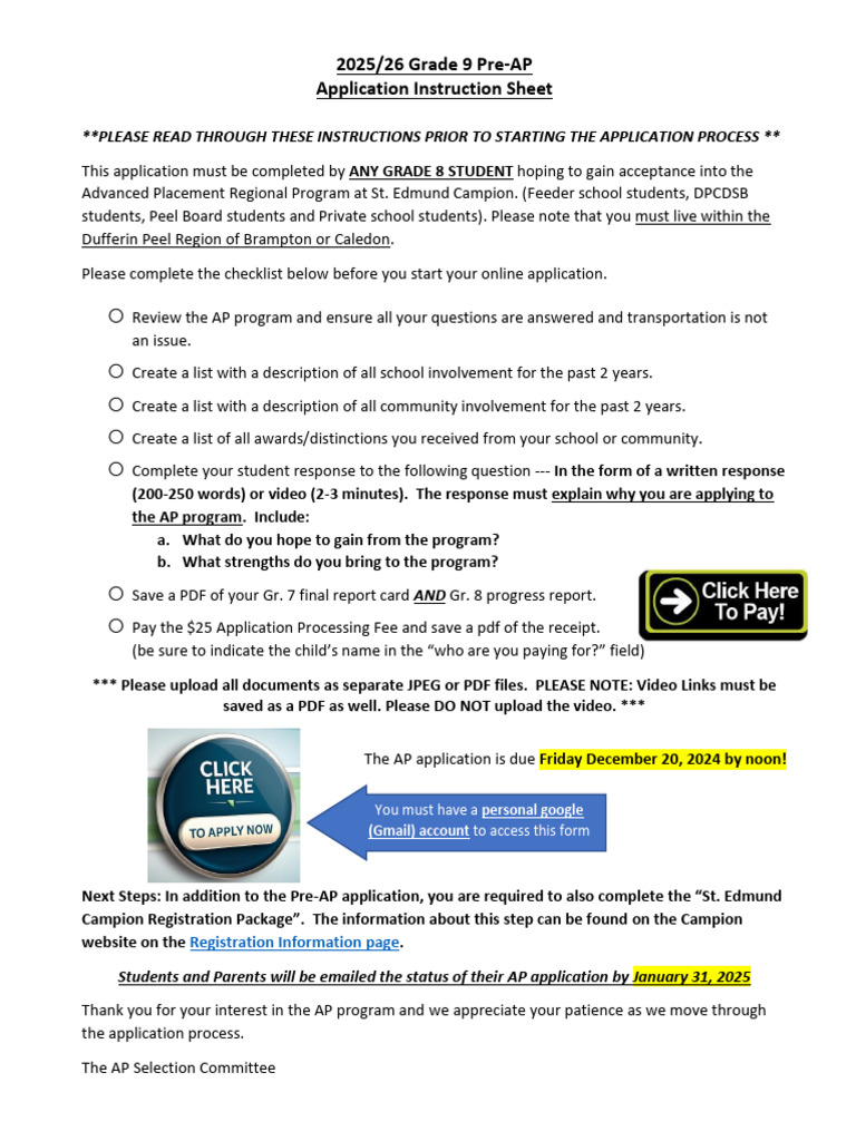 Gr 9 pre ap application instructions | PDF