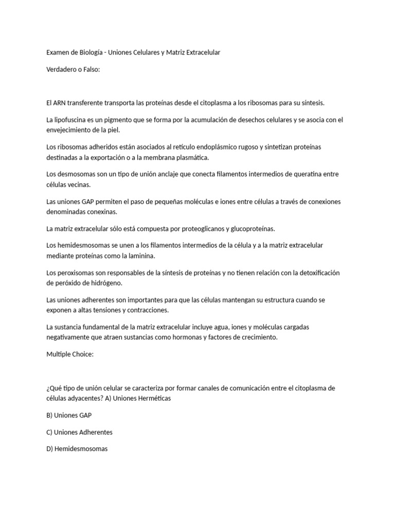 Examen Biología: Uniones Celulares y Matriz | PDF | La matriz ...