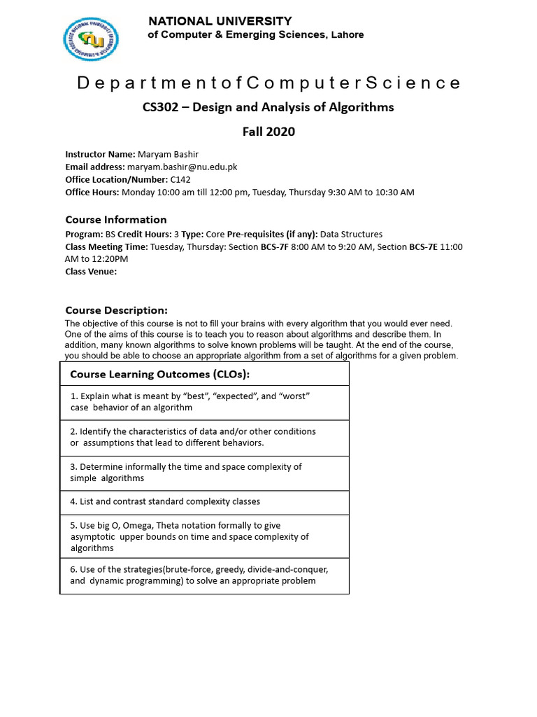 2020 - Course Outline - Fall - Algo | PDF | Computational Complexity Theory | Algorithms
