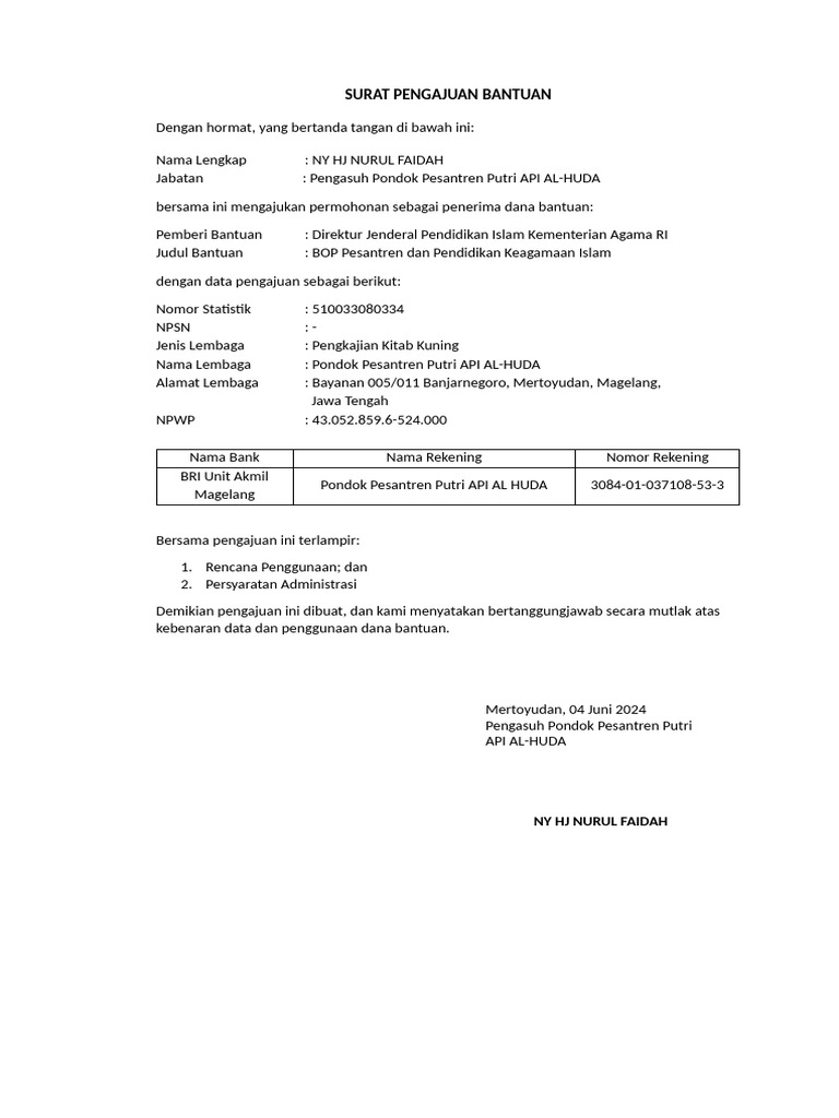 SURAT PENGAJUAN BANTUAN | PDF