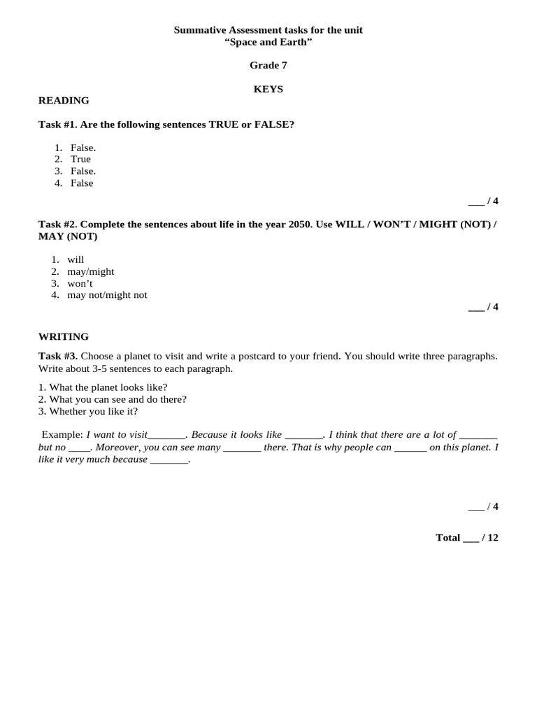 Grade 7 Space and Earth Assessment Tasks | PDF