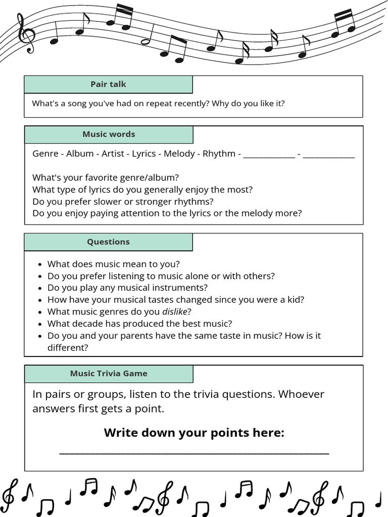 English Conversation Worksheet - Topic MUSIC | PDF