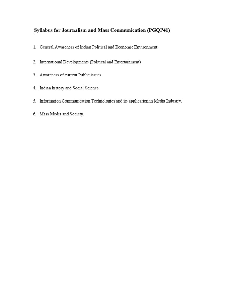 Syllabus For Journalism and Mass Communication (PGQP41) | PDF