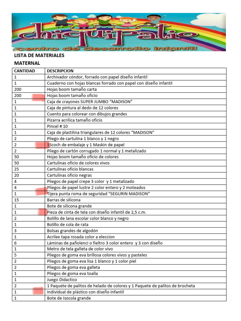 Lista de Materiales Maternal 2024 | PDF | Papel | Materiales de impresión